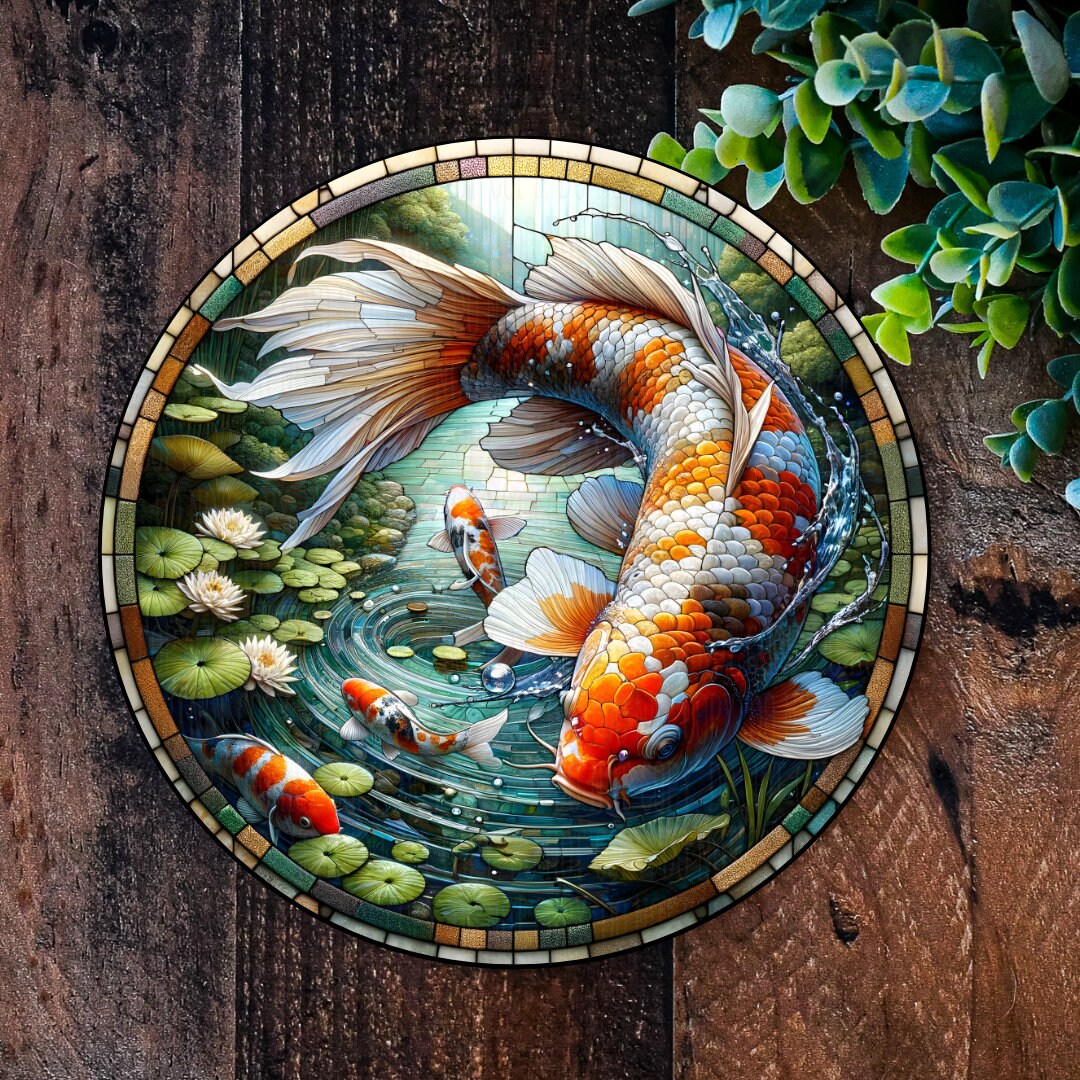 Koi Carp Sign, Garden Decor, FAUX Stained Glass Garden Art, Japanese ...