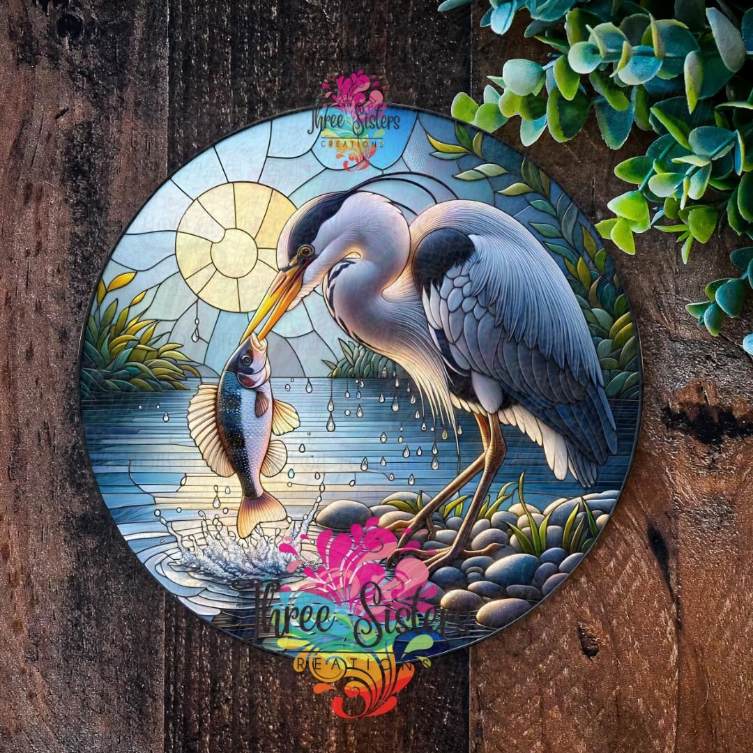 Heron Sign, Faux Stained Glass Metal Sign, Garden Decorations, Lakeside ...