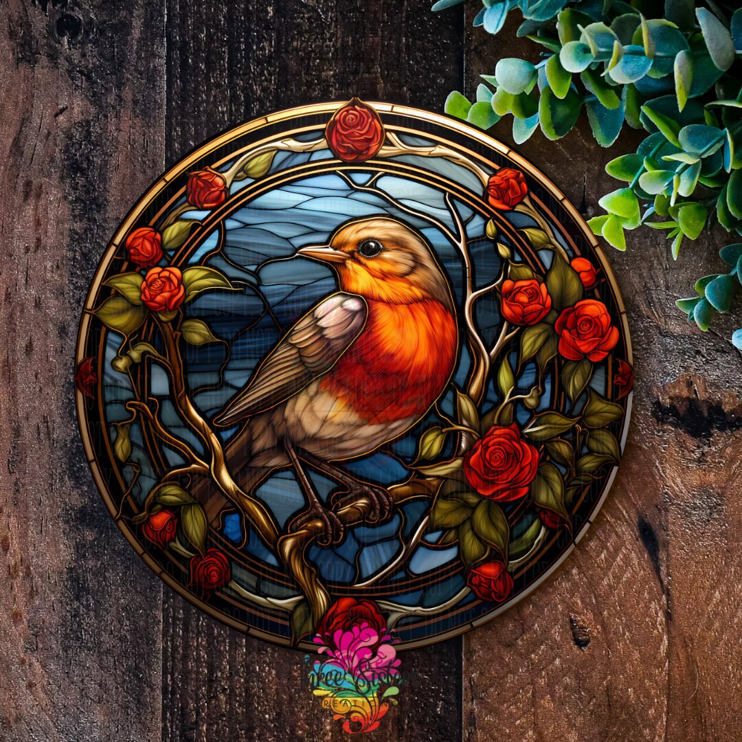 Metal Robin Sign in Faux Stained Glass Effect Vibrant Garden Décor or ...