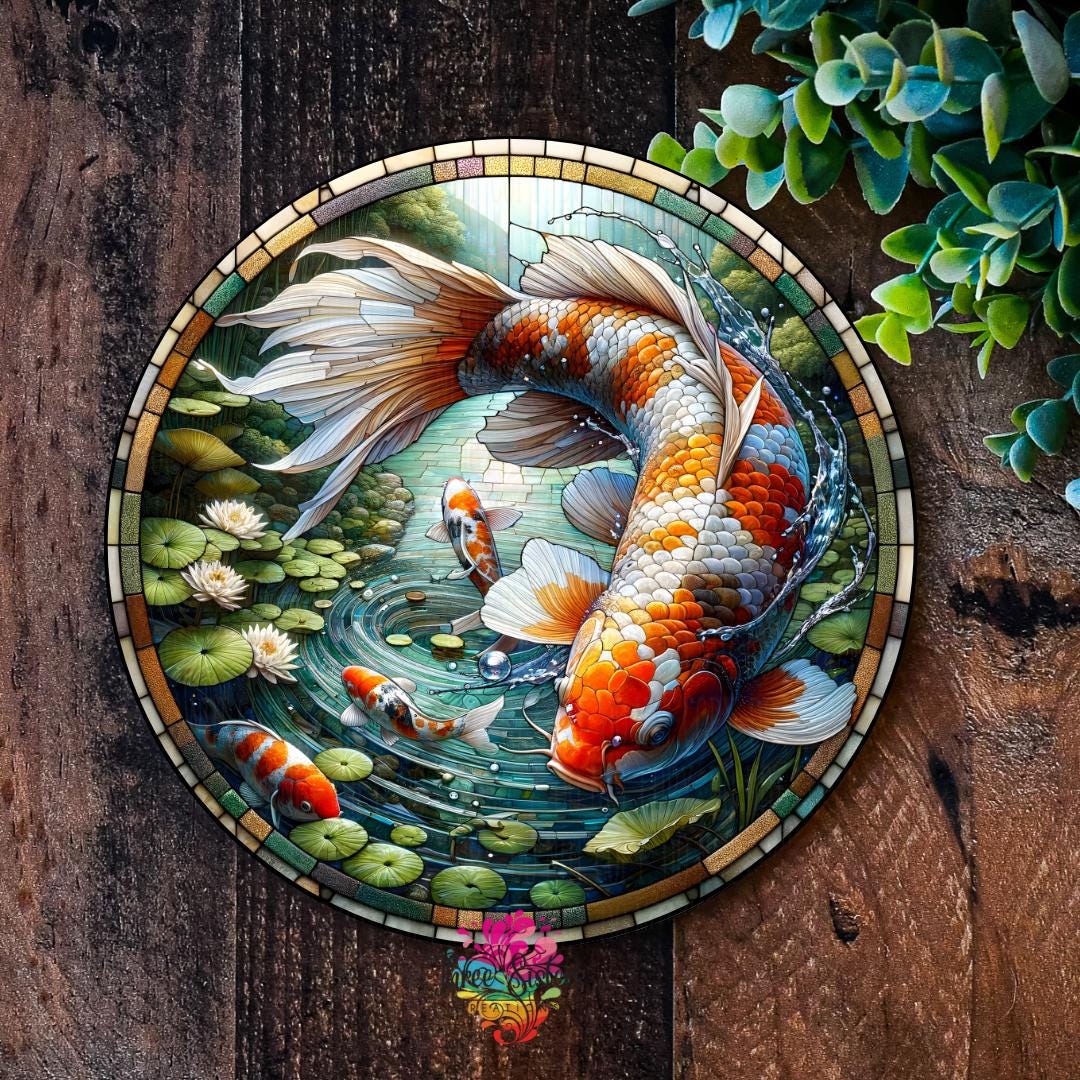 Koi Carp Sign, Garden Decor, FAUX Stained Glass Garden Art, Japanese ...