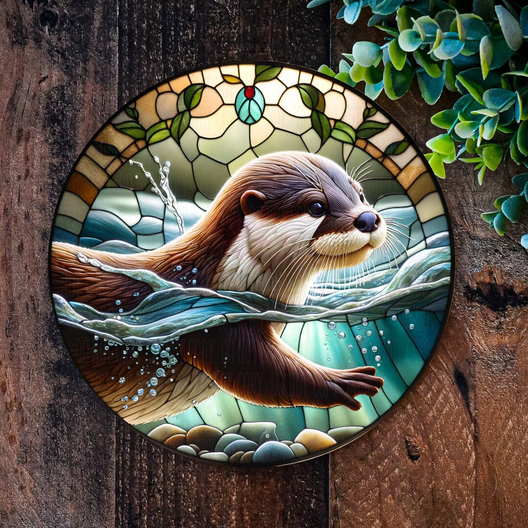 Swimming Otter Sign, Faux Stained Glass-style Metal Sign, Garden ...