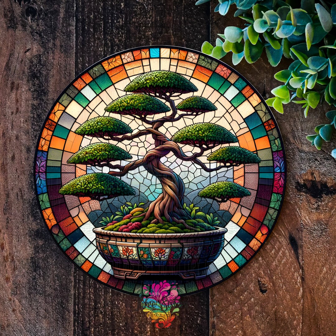 Bonsai Tree Sign , FAUX Stained Glass Garden Art, Japanese Garden ...