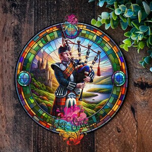 Scottish Piper Sign, Faux Stained Glass Plaque, Garden Decoration ...