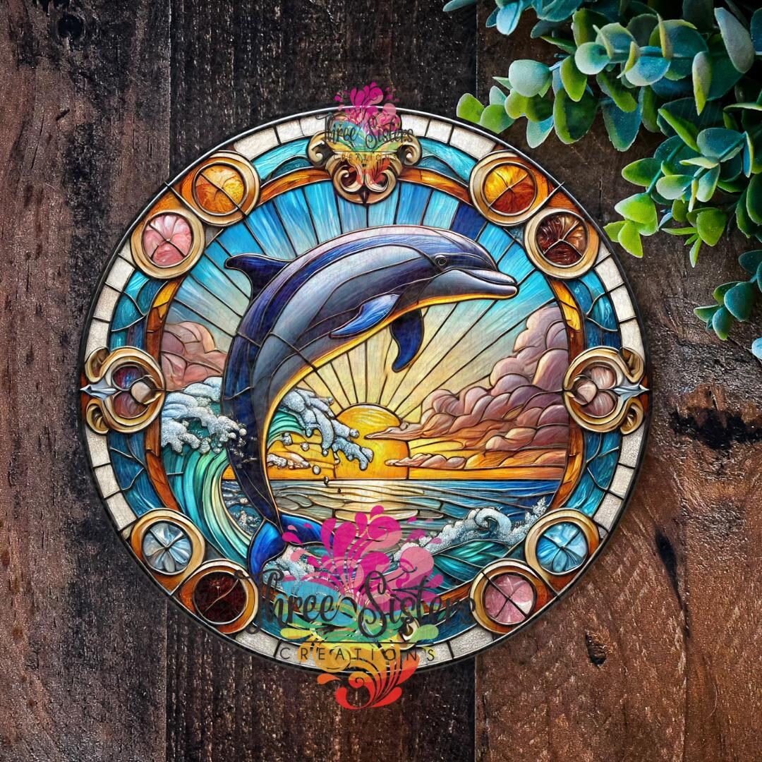 Swimming Dolphin Sign, Faux Stained Glass-style Metal Sign, Garden ...