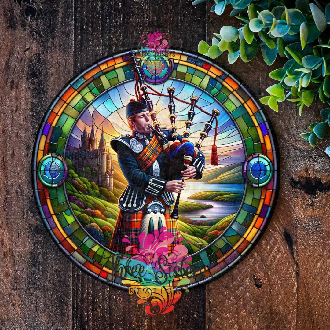 Scottish Highlands Piper Sign Scottish Gifts Faux Stained Glass Metal ...