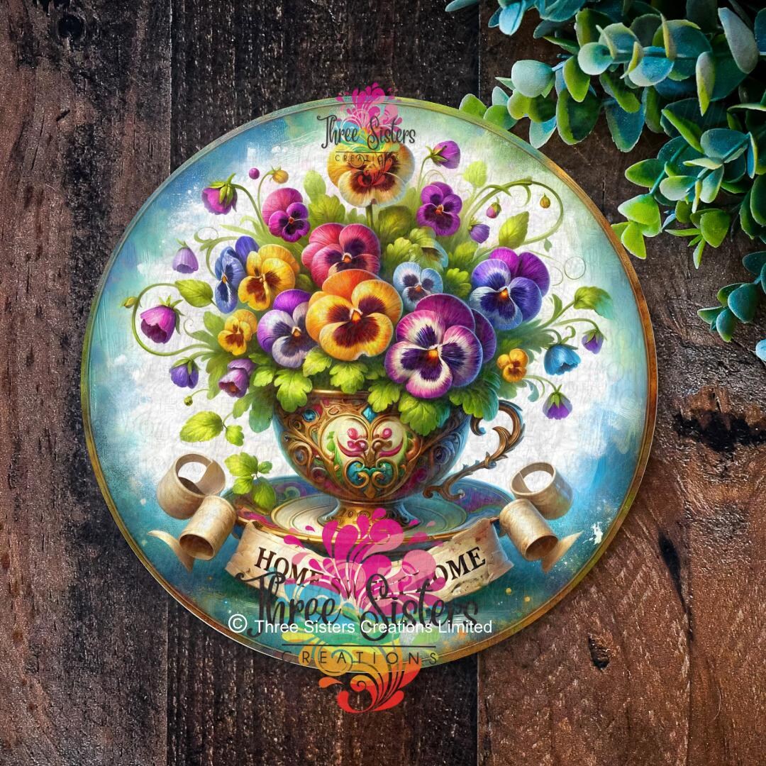 Vintage Style Pansy Home Sweet Home Sign, Round Wreath Signs, Shabby ...