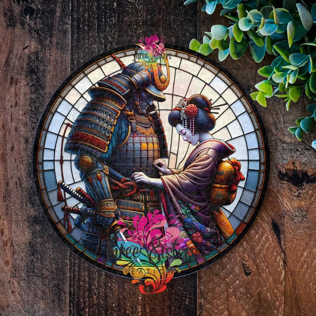 Samurai Warrior and Geisha Sign, FAUX Stained Glass Garden Art ...