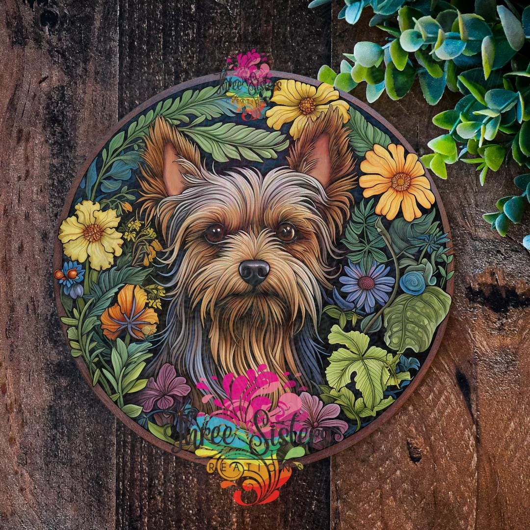 Yorkie Dog Metal Sign: Floral Yorkshire Terrier Wreath Decor - Etsy UK