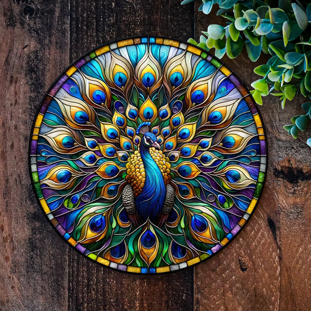 Peacock Sign, Metal Peacock, Peacock Wreath Sign, Faux Stained Glass ...