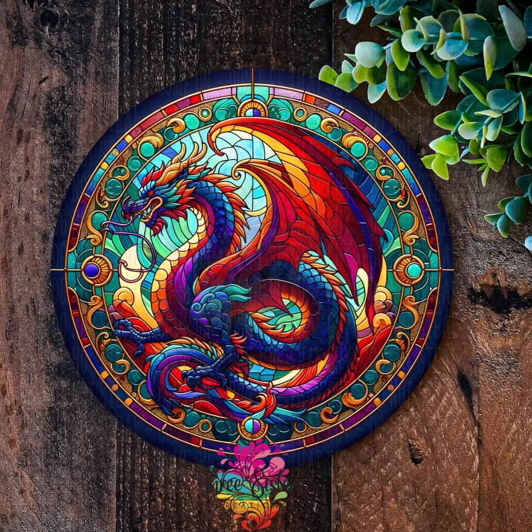 Dragon Faux Stained Glass Round Sign, Vibrant Fantasy Home Décor ...