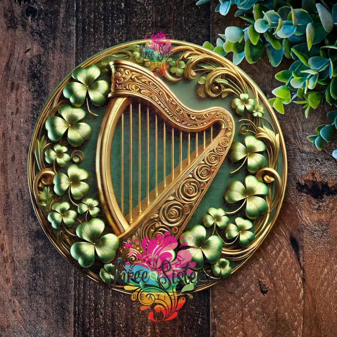 Irish Harp Wall Art, Golden Harp With Clovers Irish Décor, St. Patrick ...