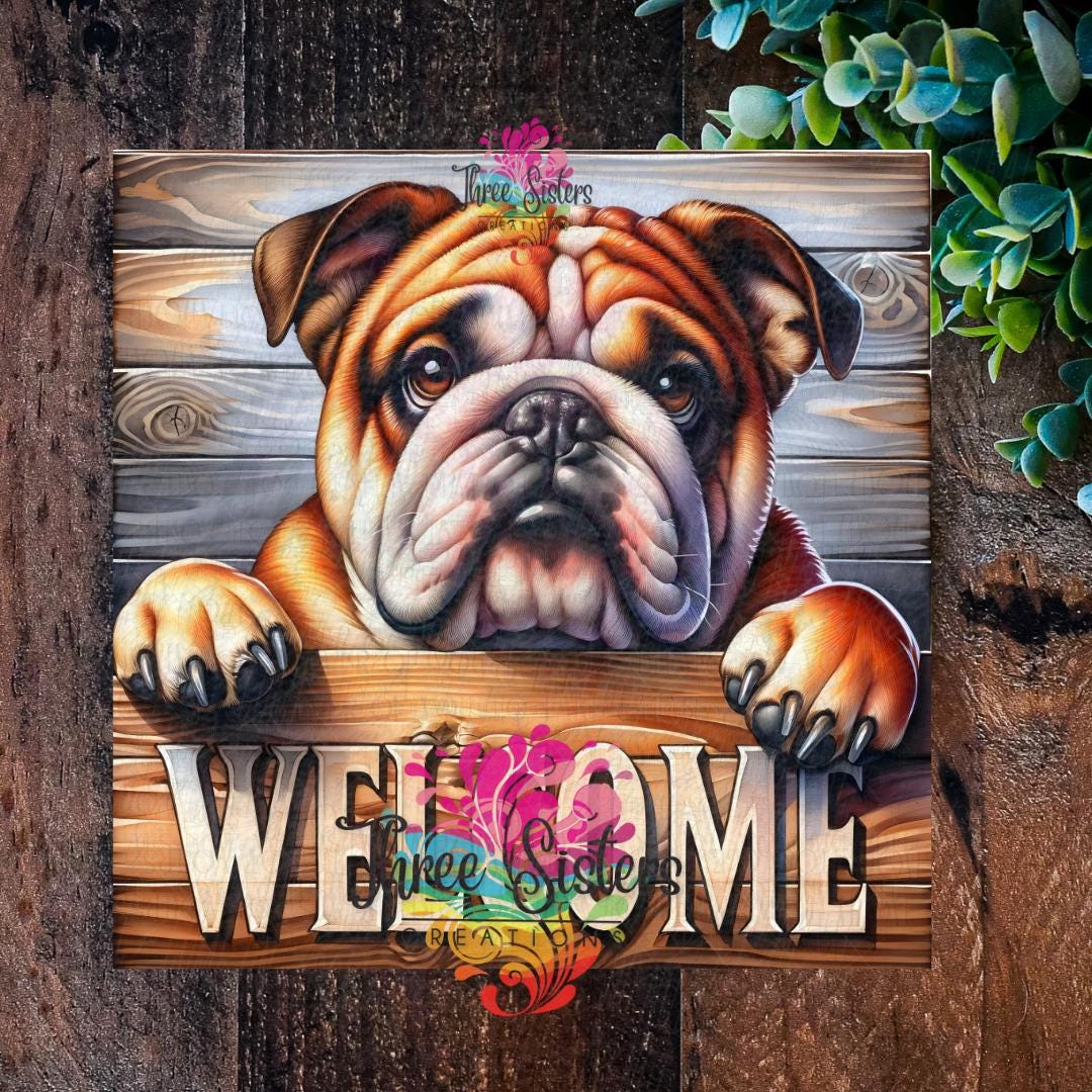 Bulldog Welcome Sign: Rustic Metal Dog Plaque, Outdoor Decor - Etsy