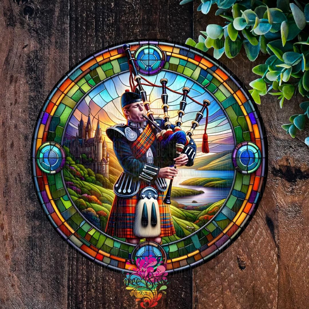 Scottish Piper Sign, Faux Stained Glass Plaque, Garden Decoration ...