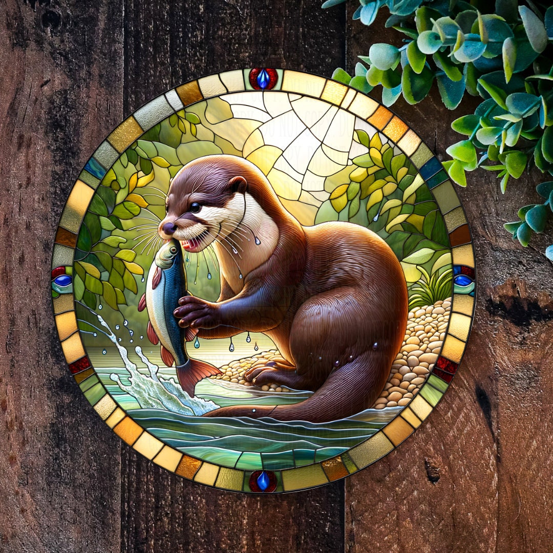 Fishing Otter Sign, Faux Stained Glass-style Metal Sign, Garden ...