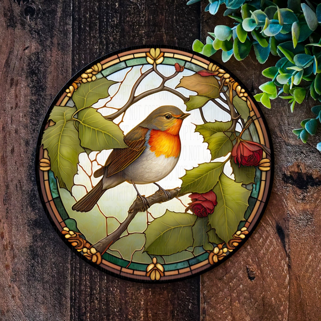 Robin Sign in Faux Stained Glass Effect Vibrant Garden Décor or ...