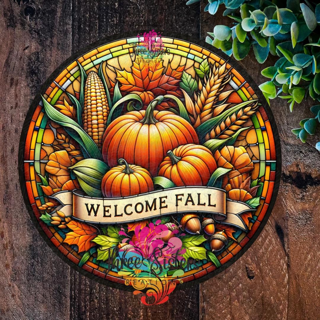 Welcome Fall Metal Sign: Faux Stained Glass Pumpkin & Acorn Autumn ...