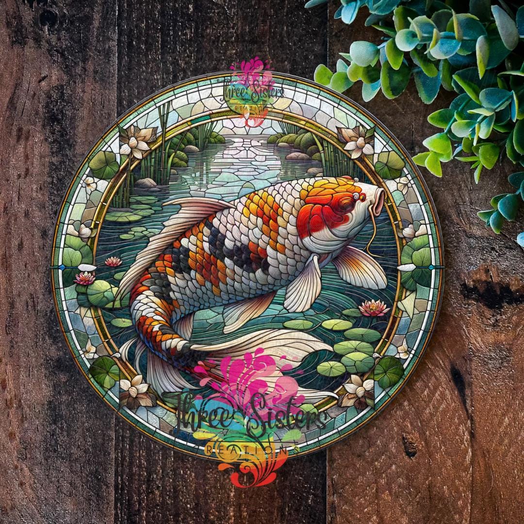 Koi Carp Sign, Pond Décor, FAUX Stained Glass Garden Art, Japanese ...