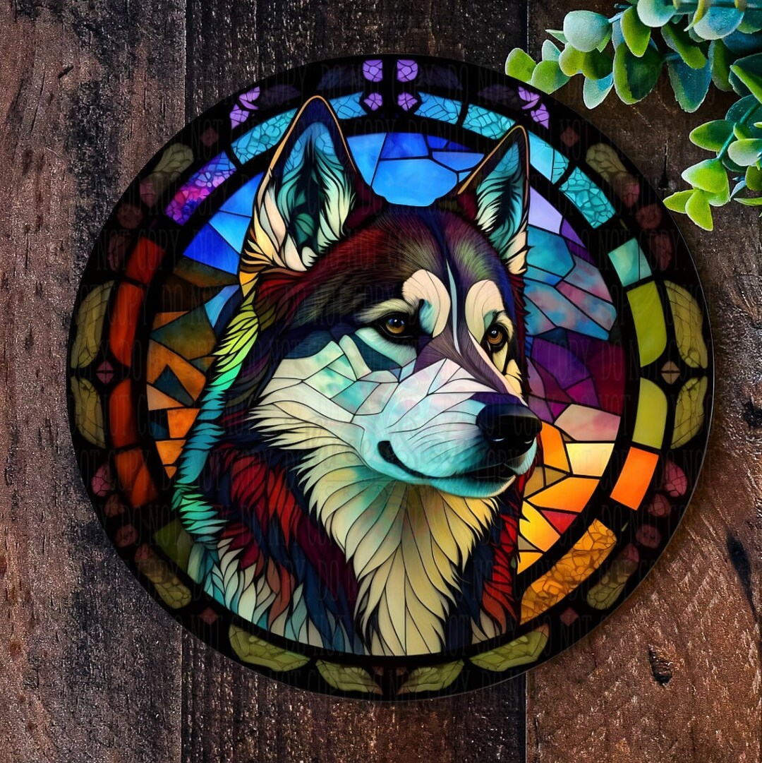 Husky Sign, Metal Dog Plaque, Wreath Signs, Faux Stained Glass, Front ...