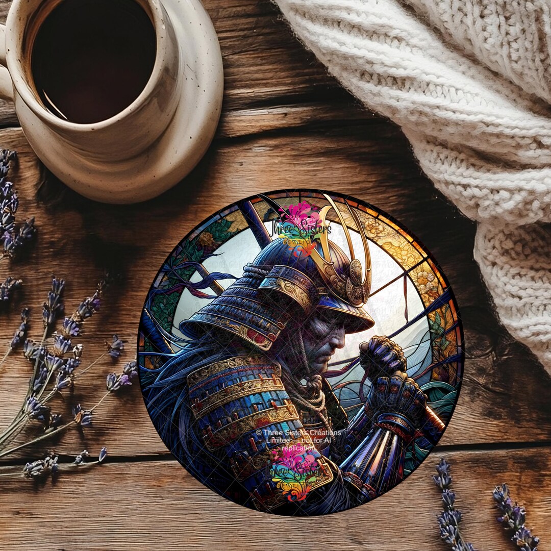 Samurai Coaster Japanese Warrior Gift, Faux Stained Glass Drinks Mat - Etsy