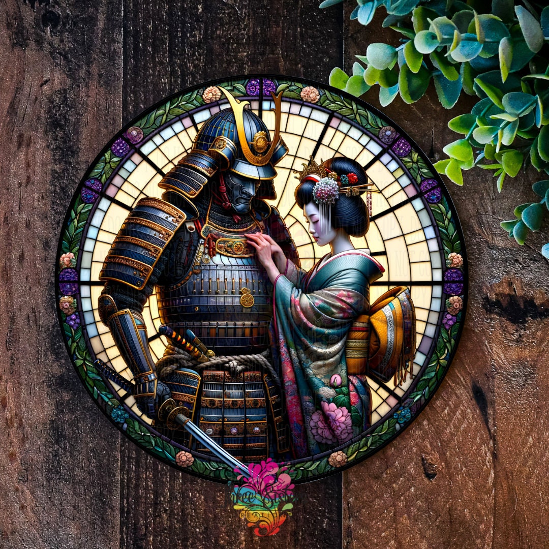 Samurai Warrior and Geisha Sign, FAUX Stained Glass Garden Art ...