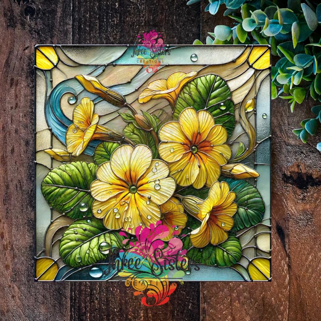 Yellow Primroses Sign, Faux Stained Glass Primrose Plaque, Garden Fence ...