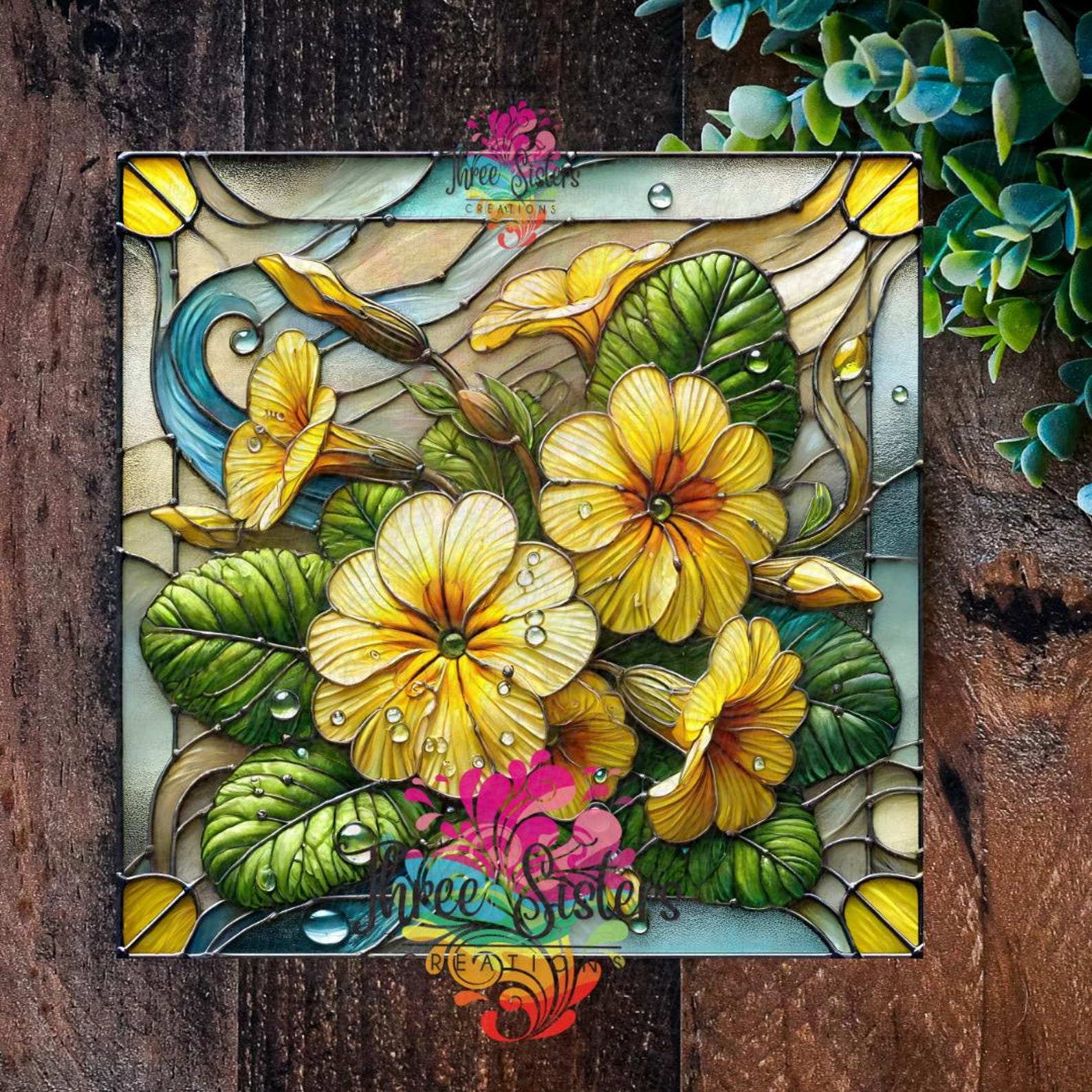 Yellow Primroses Sign, Faux Stained Glass Primrose Plaque, Garden Fence ...