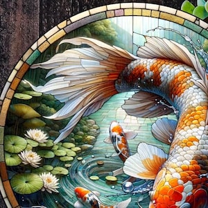 Koi Carp Sign, Garden Decor, FAUX Stained Glass Garden Art, Japanese ...
