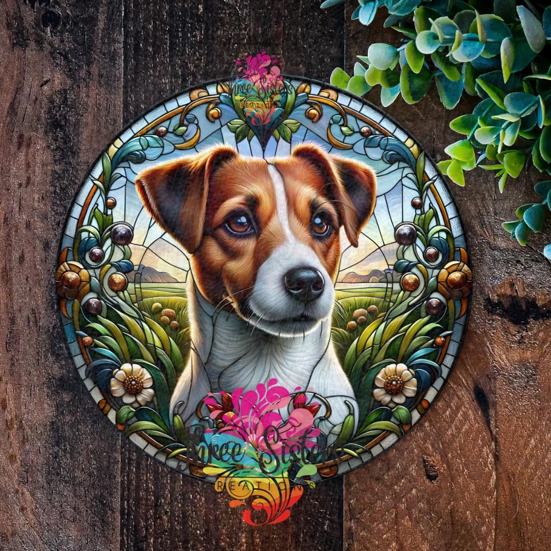 Jack Russell Metal Sign: Faux Stained Glass Wreath Plaque - Etsy