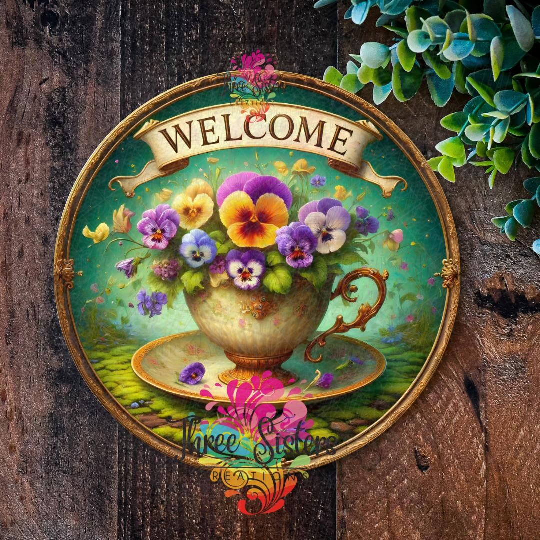Elegant Pansy Welcome Sign - Floral Metal Wall Art - Classic Urn With ...