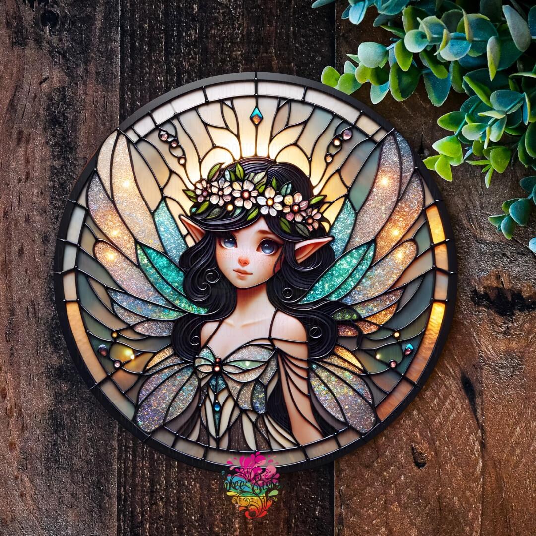 Dark Haired Garden Fairy Sign, Faux Stained Glass Garden Decorations ...