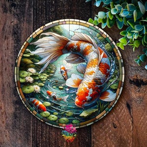 Koi Carp Sign, Garden Decor, FAUX Stained Glass Garden Art, Japanese ...