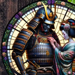 Samurai Warrior and Geisha Sign, FAUX Stained Glass Garden Art ...