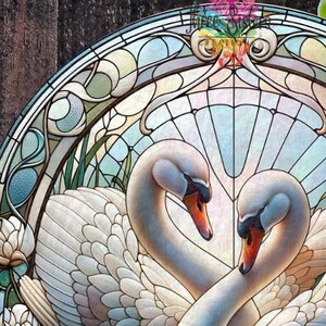 White Swans Sign, Faux Stained Glass Art, Garden Decoration, Pond Décor ...