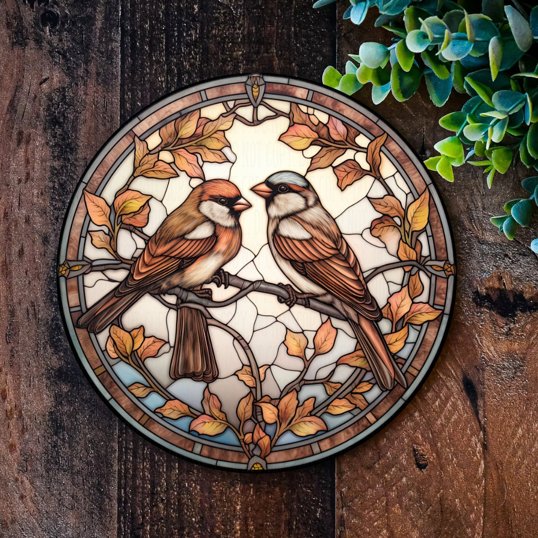 Metal Sparrow Sign in Faux Stained Glass Effect Vibrant Garden Décor or ...