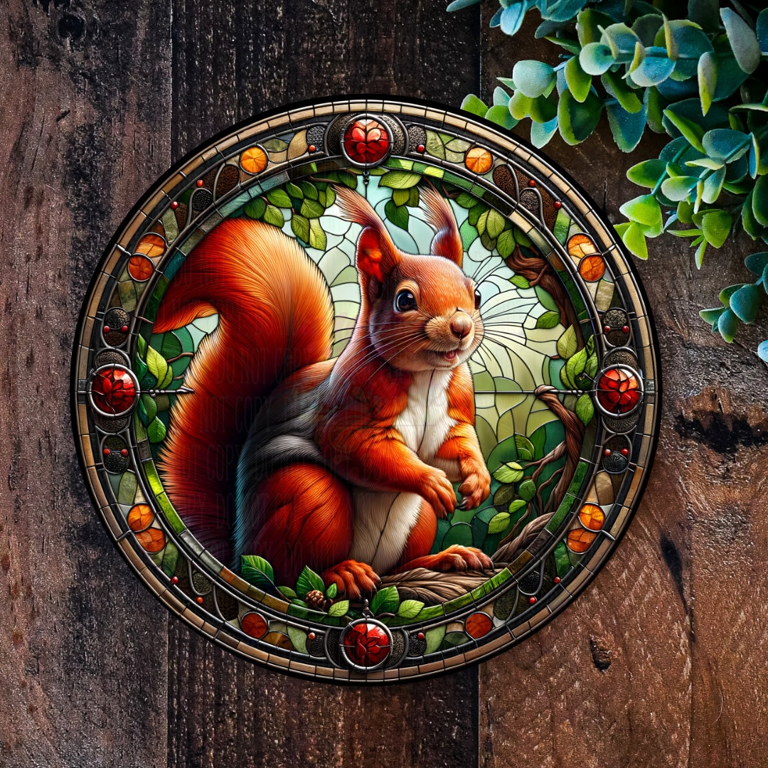 Red Squirrel Faux Stained Glass Sign, Squirrel Gifts, Metal Garden Art ...