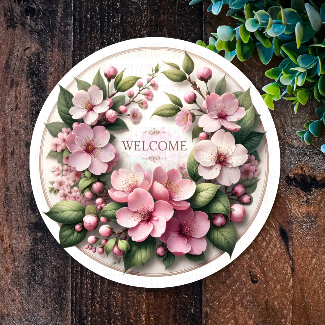 Cherry Blossom Welcome Sign, Floral Round Door Hanger, Spring and ...
