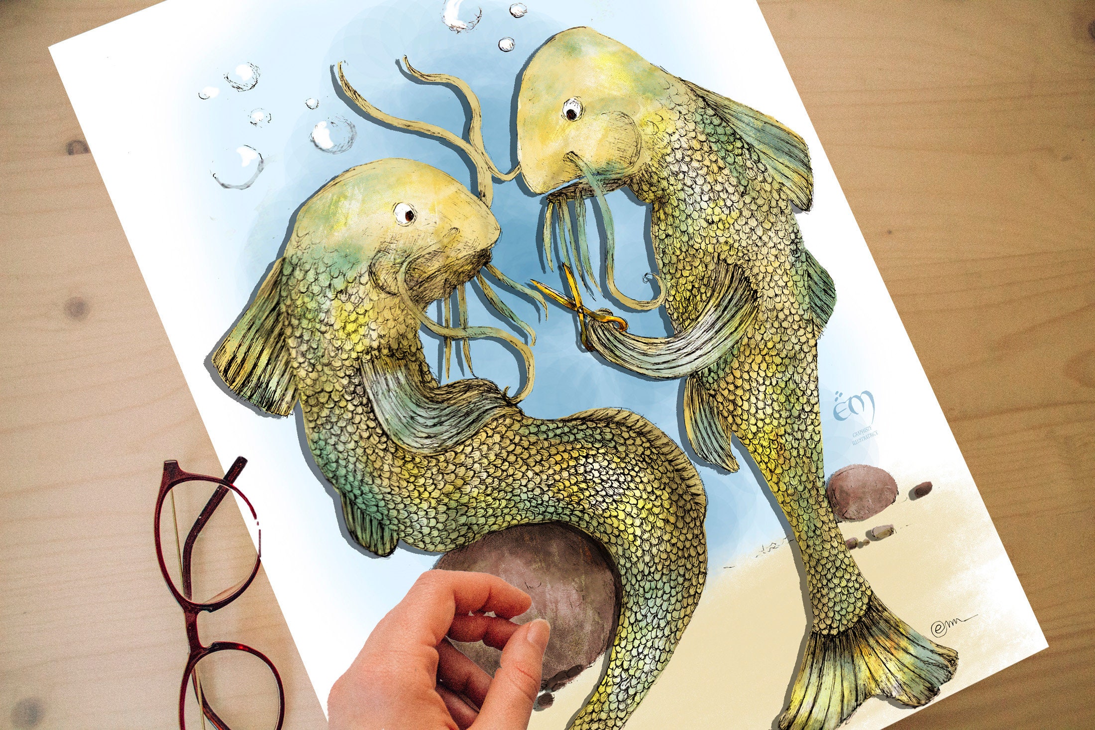 Dibujo ilustración infantil El pez con bigote - Etsy España