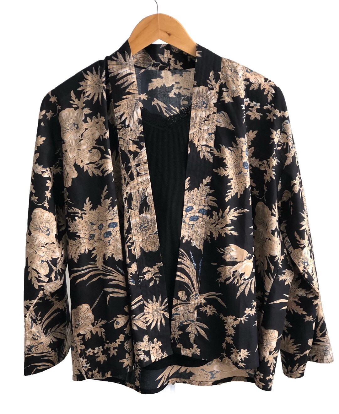 Cotton Kimono Jacket in Black With Cream Flowers - Etsy UK