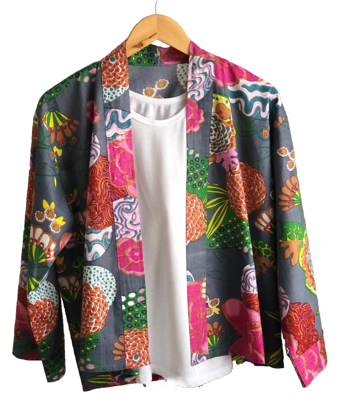 Cotton Kimono Jacket in Dusky Blue With Pink, Green and Blue Flowers ...