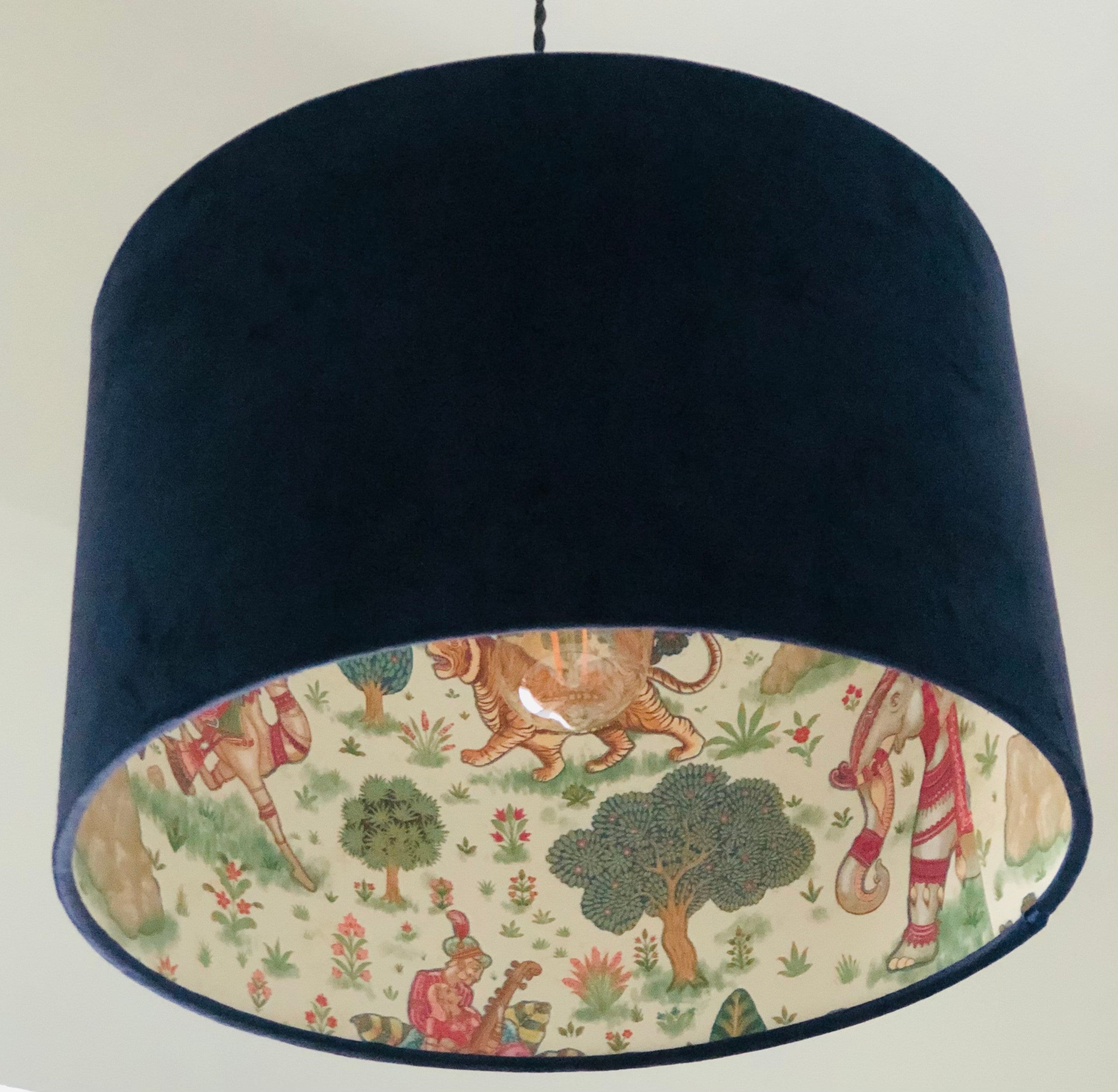 Dark Blue Velvet Lampshade With Indian Elephant and Tiger Paper Lining ...