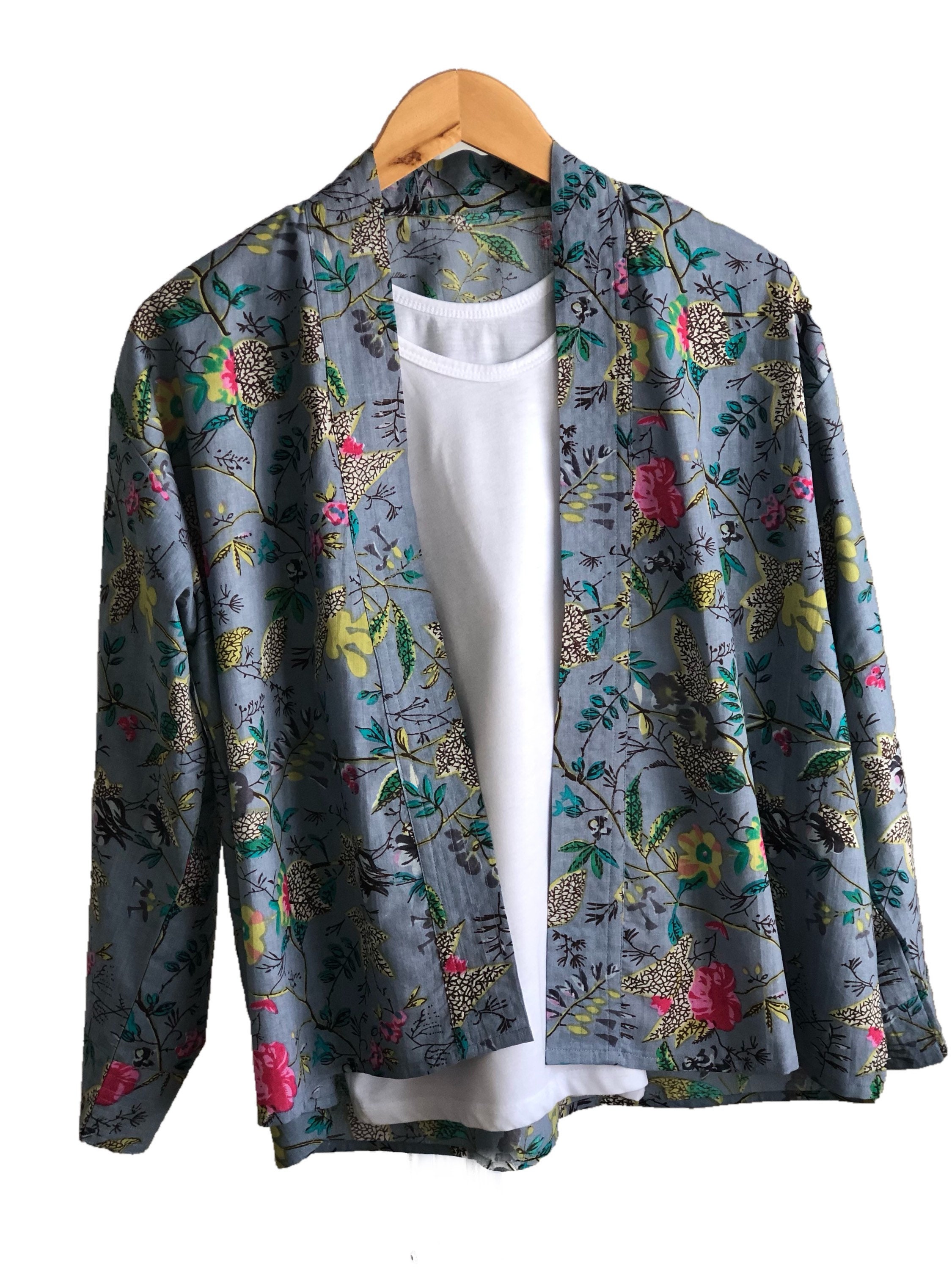 Cotton Kimono Jacket in Pale Dusky Blue With Pink, Yellow and Green and ...