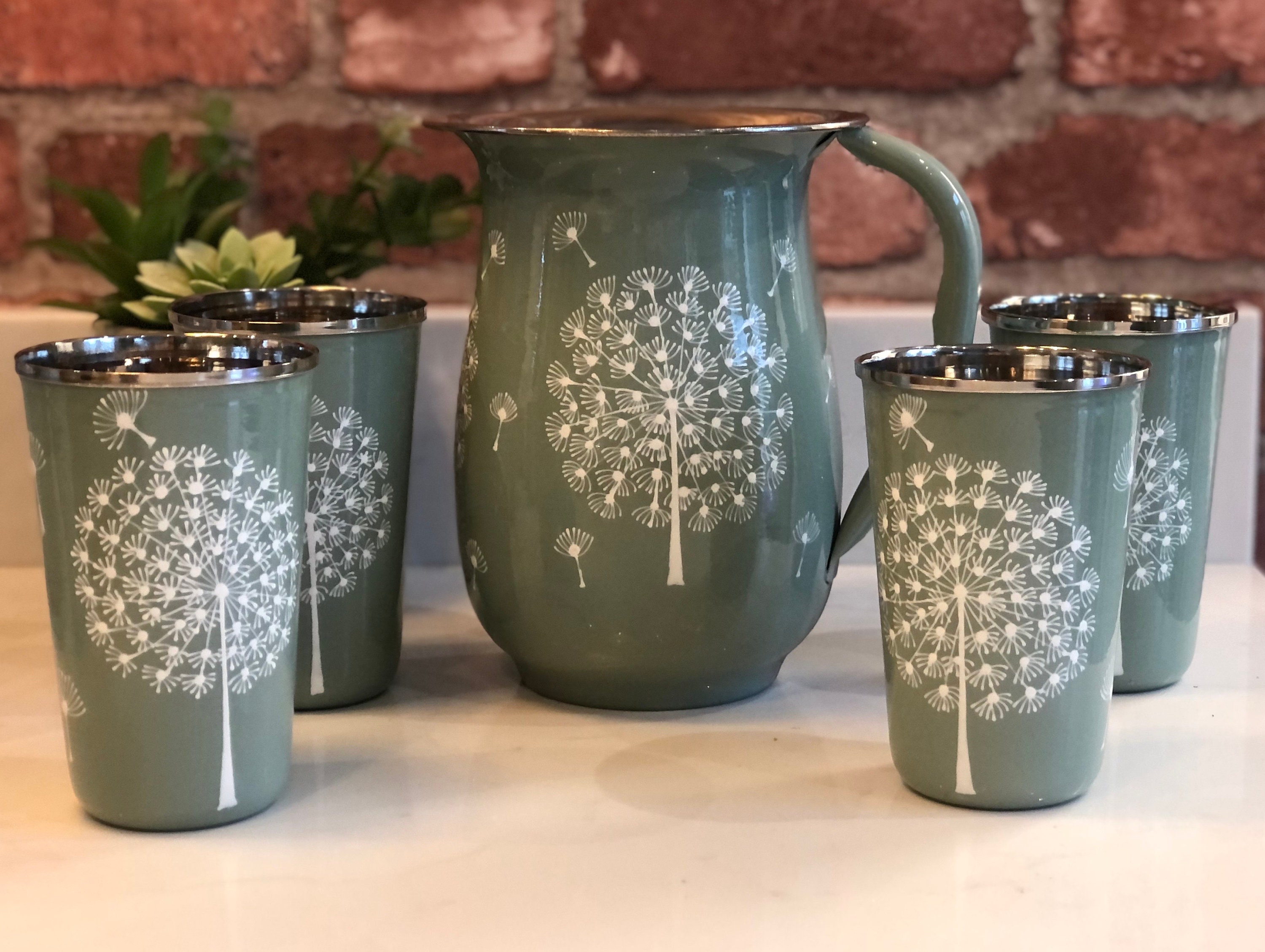Hand-painted Sage Green Dandelion Stainless Steel/enamel Jug From ...