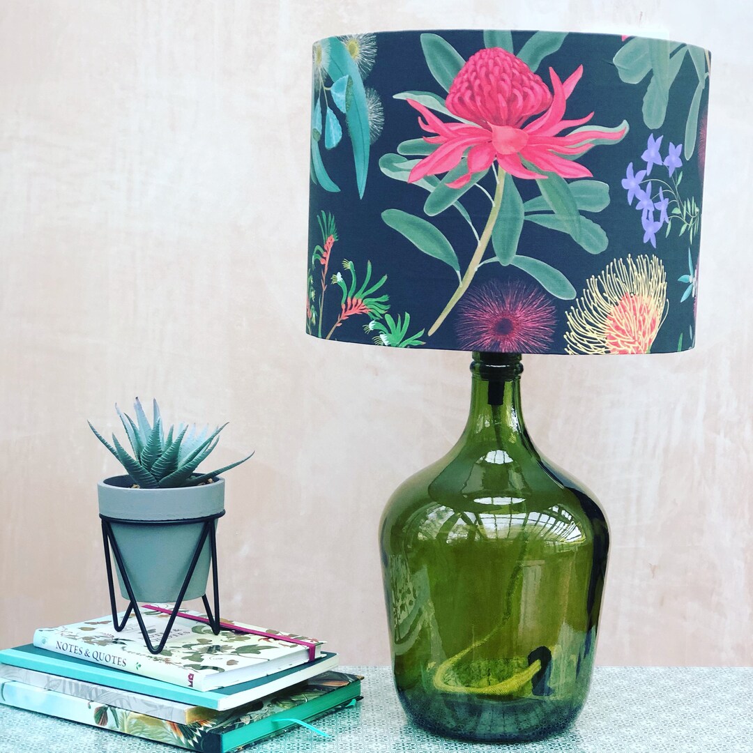 Green Recycled Glass Table Lamp With Black Botanicals Shade - Etsy
