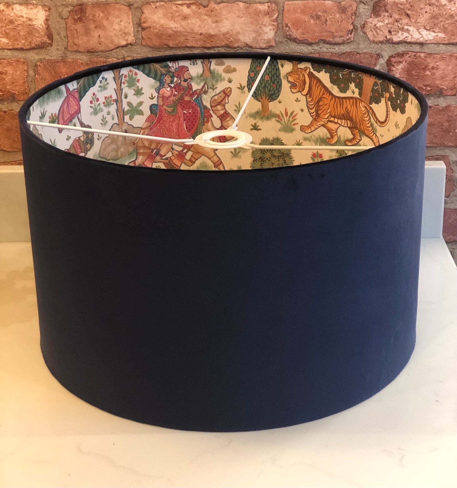 Dark Blue Velvet Lampshade With Indian Elephant and Tiger Paper Lining ...