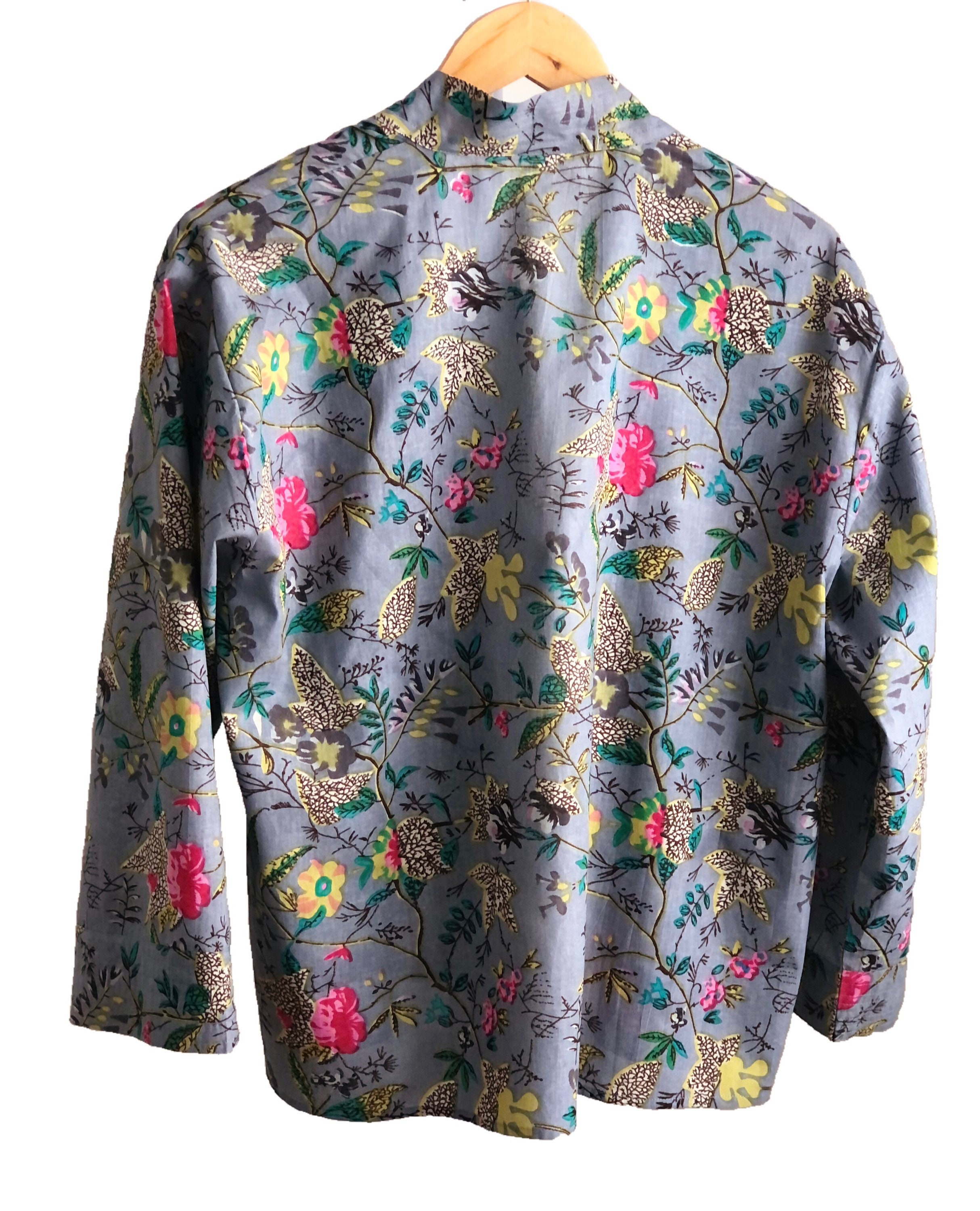 Cotton Kimono Jacket in Pale Dusky Blue With Pink, Yellow and Green and ...