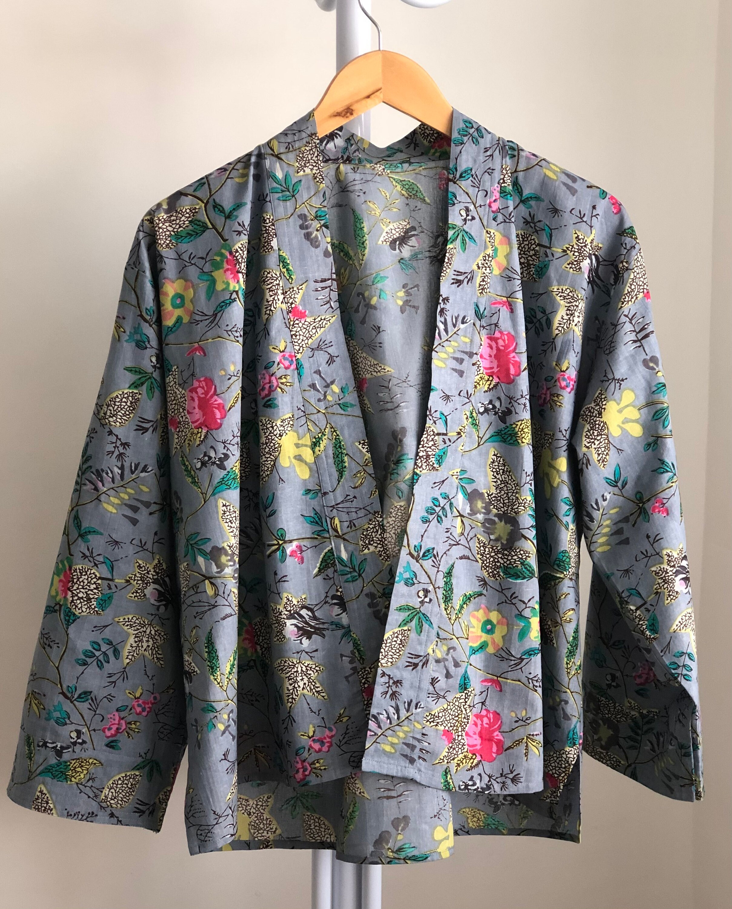 Cotton Kimono Jacket in Pale Dusky Blue With Pink Yellow and - Etsy UK