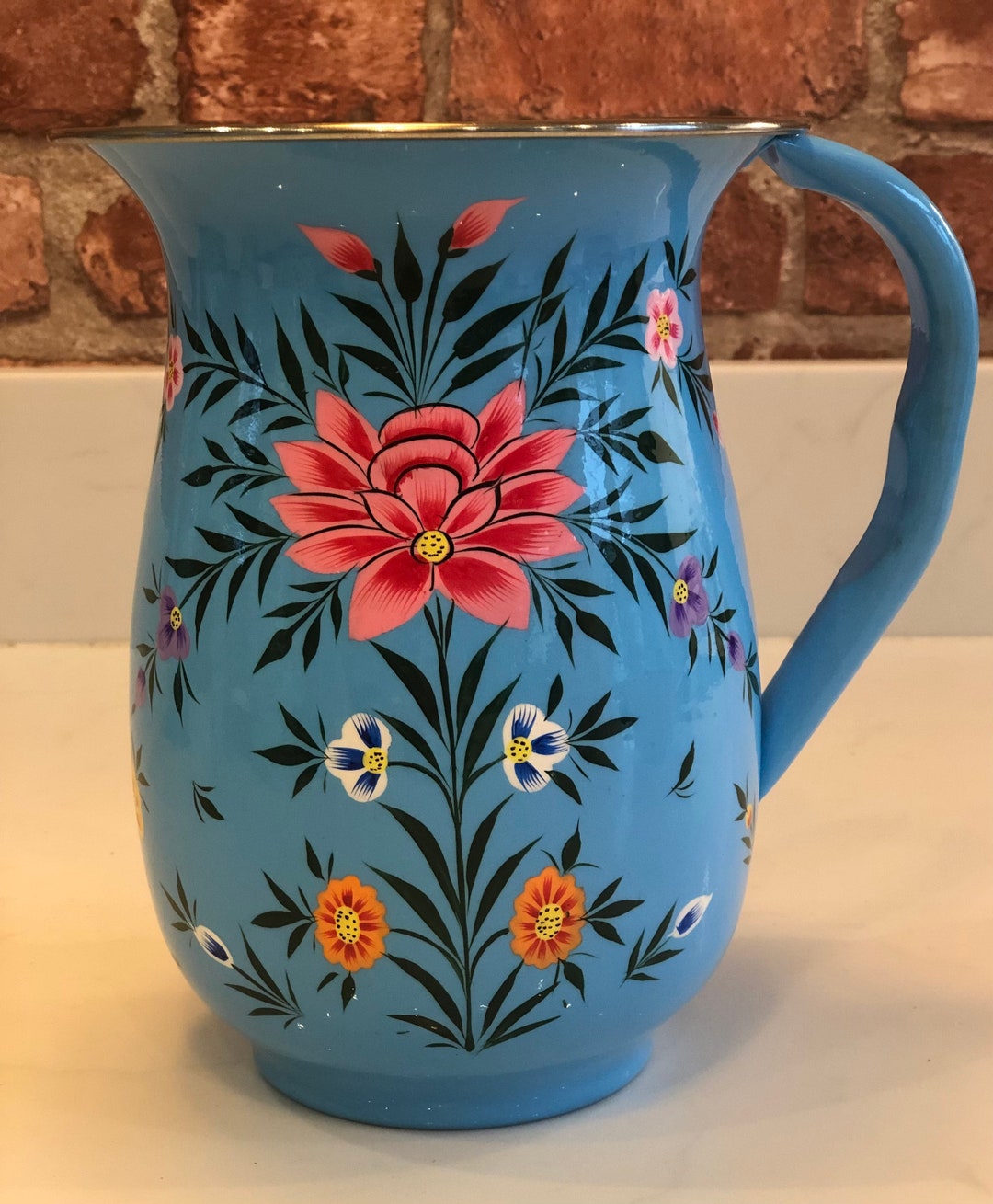 Hand-painted Bright Blue Floral Stainless Steel/enamel Jug From Kashmir ...