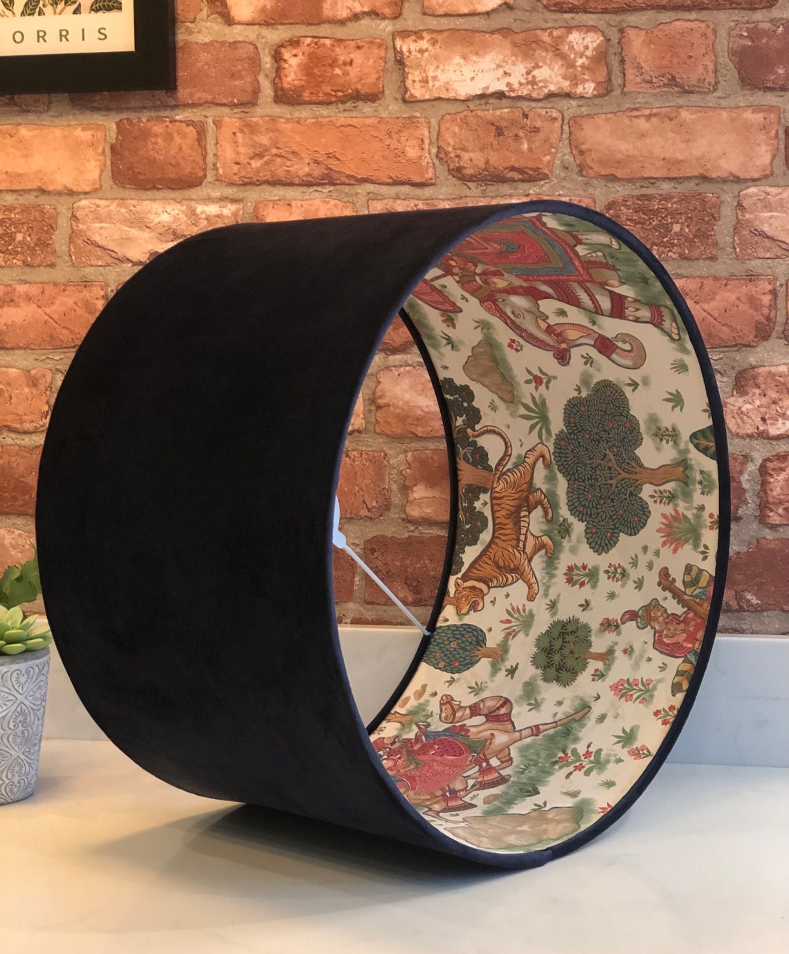 Dark Blue Velvet Lampshade With Indian Elephant and Tiger Paper Lining ...