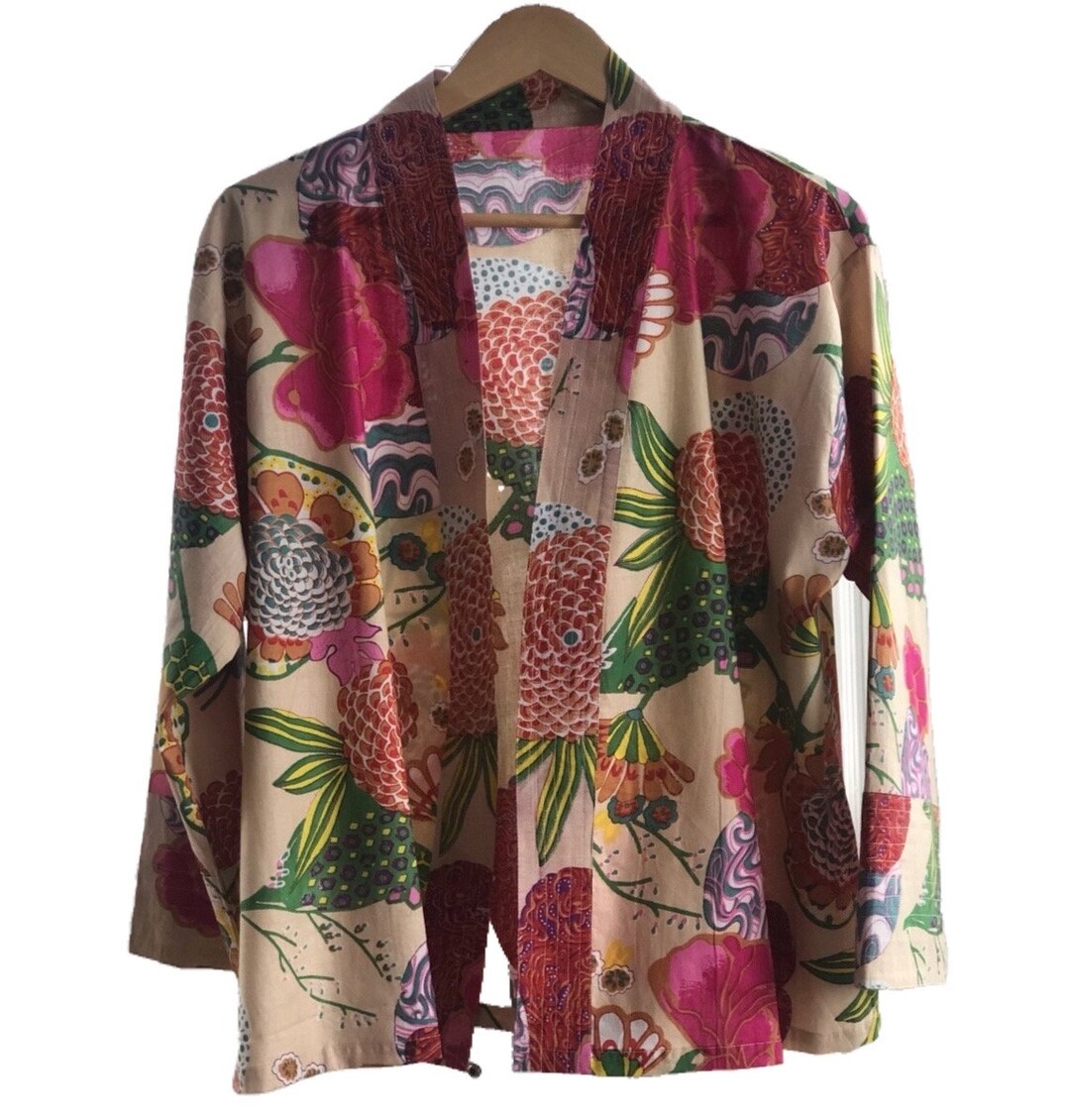 Cotton Kimono Jacket in Cream With Pink, Blue, Green and Yellow Flowers ...