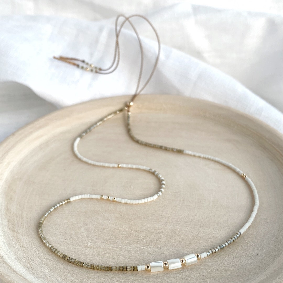 Delicate Silk Beaded Necklace - Beige White & Gold Bead Necklace ...